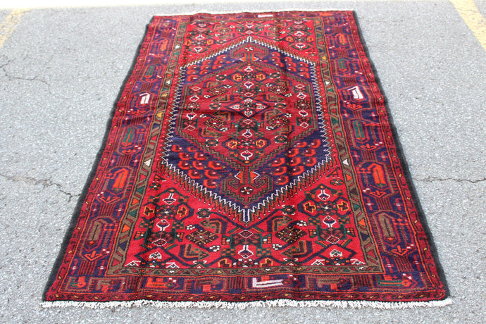 Red 4x6 Hand Knotted Rug with Navy Blue Persian Tribal Designs – Abanirugs
