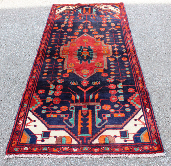 Navy Blue 3x 11 Rug with Red Medallion & Border | Vintage Hand Knotted ...