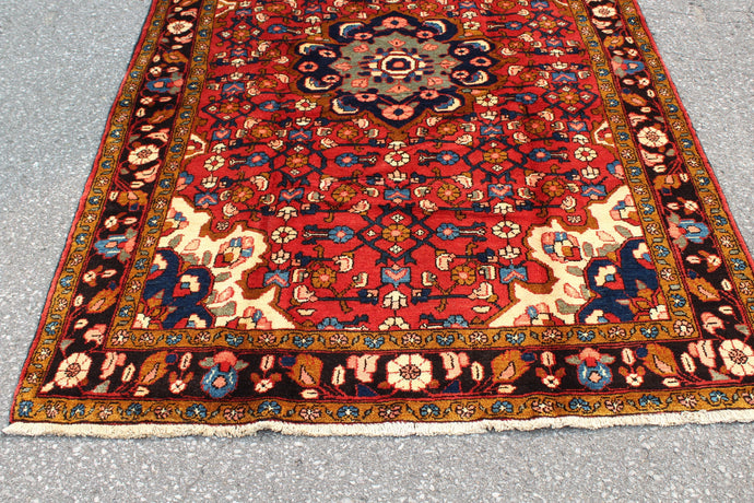 Red Oriental Rug with Navy Blue Border Yellow Accents | 4'7" x 7'7 ...
