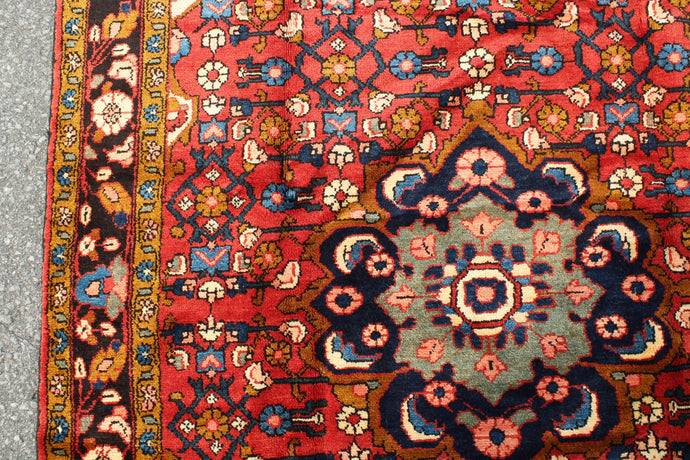 Red Oriental Rug with Navy Blue Border Yellow Accents | 4'7" x 7'7 ...