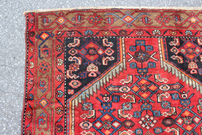 Bright Red Handmade 4x6 Wool Rug with Navy Blue Corners – Abanirugs