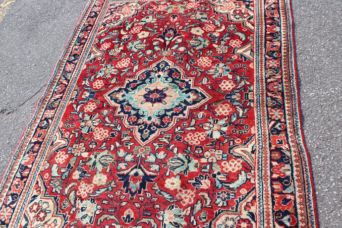 Red Floral Oriental with Navy Blue Teal Medallion 4x6 Wool Hand Knotte ...