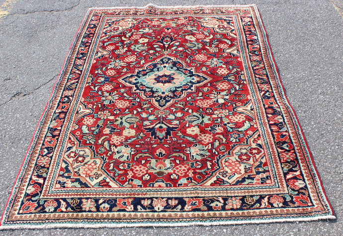 Red Floral Oriental with Navy Blue Teal Medallion 4x6 Wool Hand Knotte ...