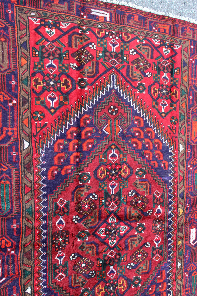 Red 4x6 Hand Knotted Rug with Navy Blue Persian Tribal Designs – Abanirugs