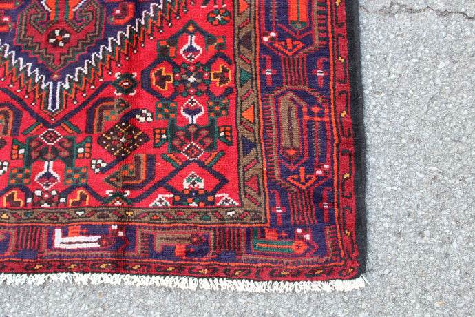 Red 4x6 Hand Knotted Rug with Navy Blue Persian Tribal Designs – Abanirugs