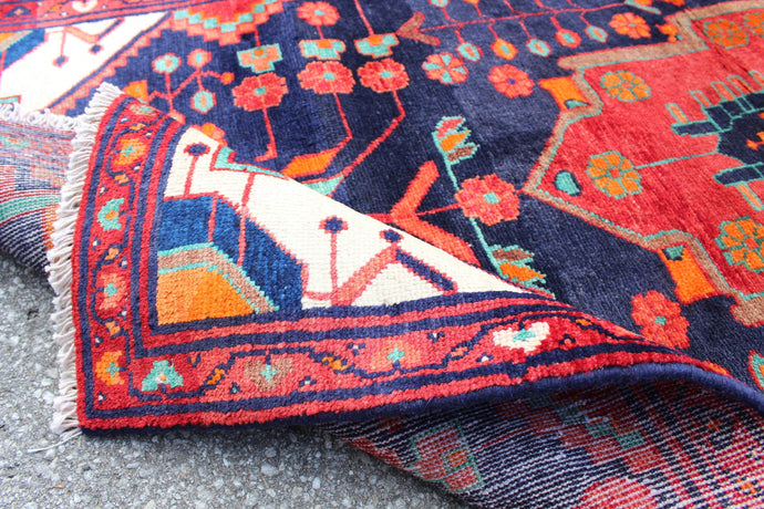 Navy Blue 3x 11 Rug with Red Medallion & Border | Vintage Hand Knotted ...