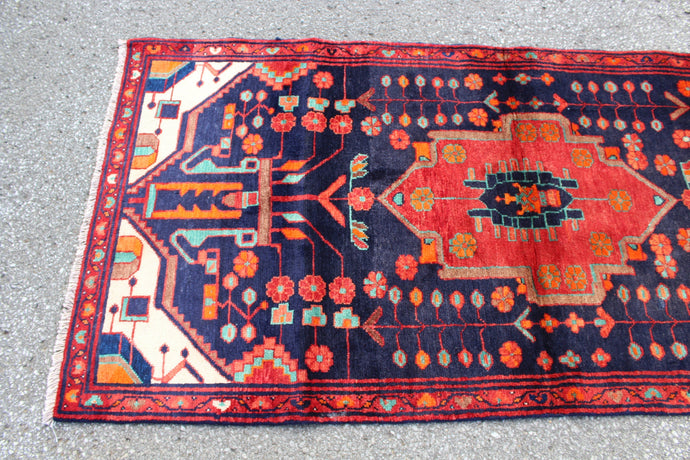 Navy Blue 3x 11 Rug with Red Medallion & Border | Vintage Hand Knotted ...