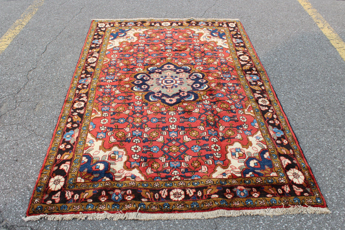 Red Oriental Rug with Navy Blue Border Yellow Accents | 4'7" x 7'7 ...