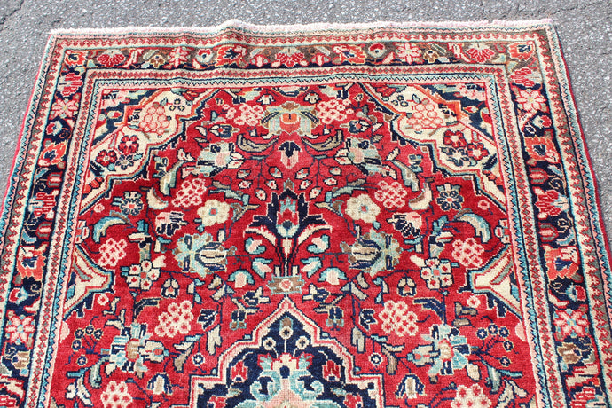 Red Floral Oriental with Navy Blue Teal Medallion 4x6 Wool Hand Knotte ...